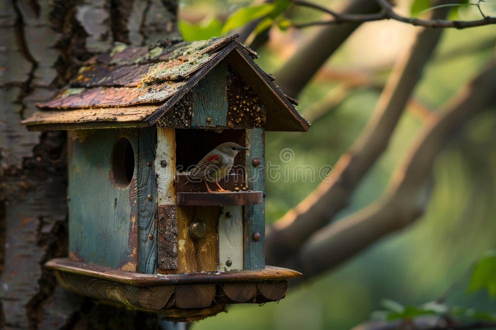 Small Bird is Perching Inside a Colorful Birdhouse Stock Photo - Image ...