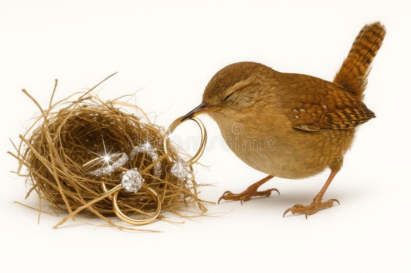 A Small Bird Puts Gold Rings with Diamonds in a Nest. Stock Image ...