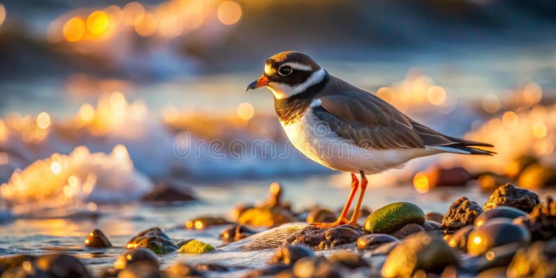 A Small Bird Rests on Rocks at Sunset, Ocean Waves Lapping Gently ...