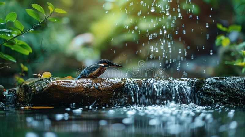 Small Bird on Rock by Waterfall, Rain Falling Stock Illustration ...