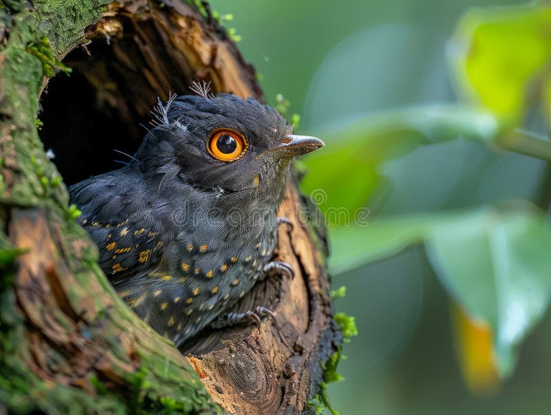 A Small Bird is Sitting in the Hole of a Tree Stock Image - Image of ...