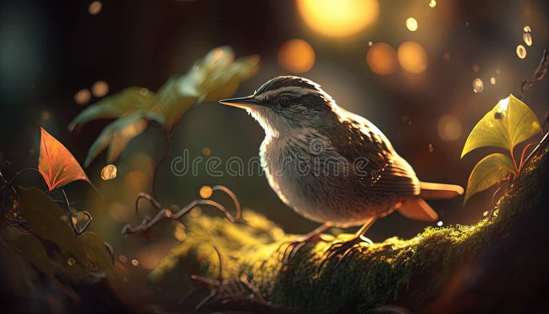 A Small Bird Sitting on a Mossy Surface in the Sun. Generative Ai Stock ...