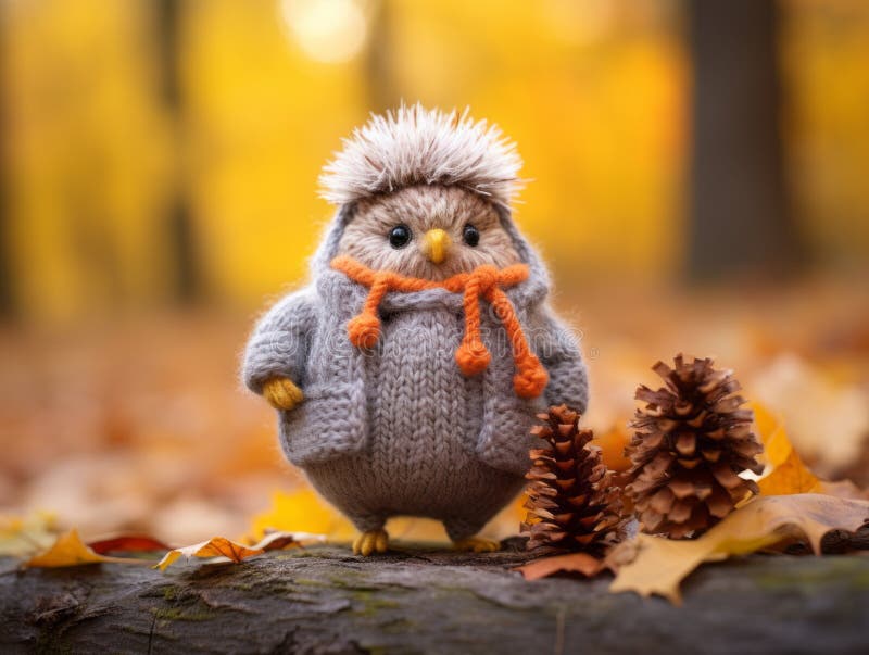 A Small Bird in a Sweater Standing on a Log in the Fall Stock ...