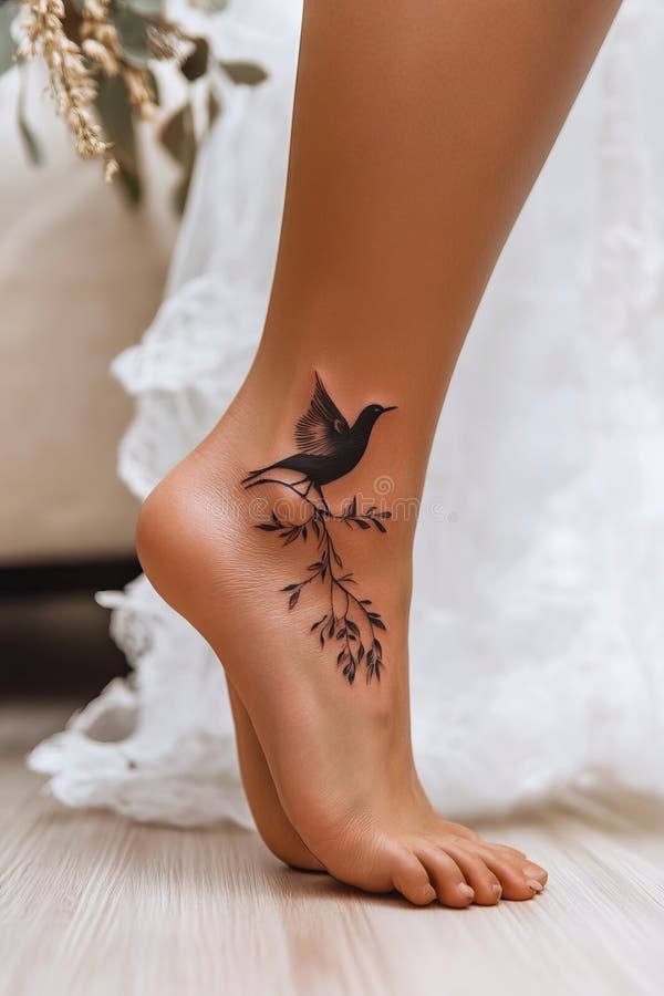 A Small Bird Tattoo on the Ankle Stock Photo - Image of perched, person ...