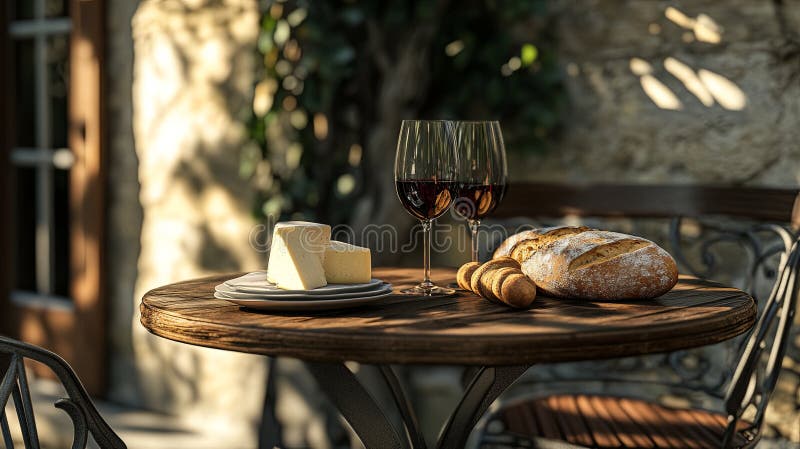 Small Bistro Table with Fresh Baguette, Cheese, and Red Wine. Stock ...