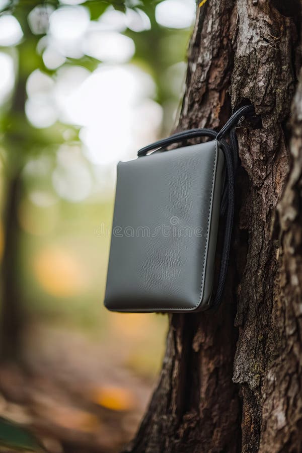 A Small Black Bag Hanging from a Tree in the Woods Stock Photo - Image ...