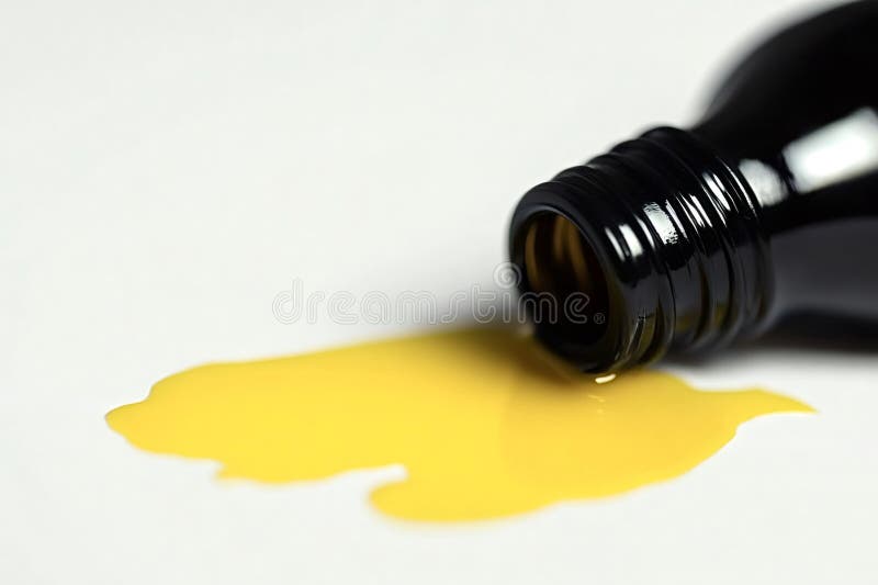 Small Black Bottle Spilling Yellow Liquid on White Background Stock ...