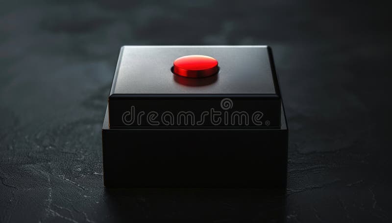 A Small Black Box with a Red Button on a Dark Textured Surface in a ...