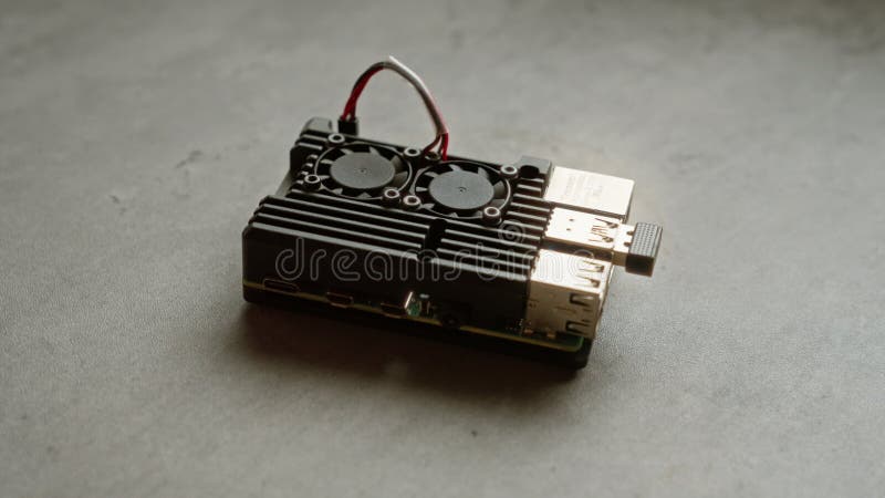 Small Black Computer with Dual Fans Placed on Concrete Surface Viewed ...