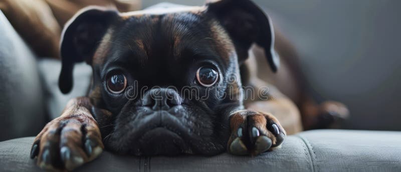 A Small Black Dog Resting on a Grey Couch with a Sad Expression Stock ...