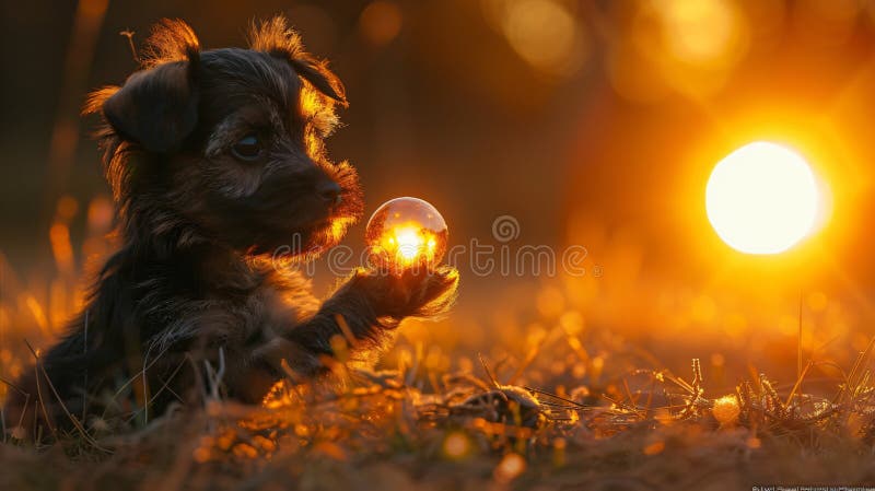 A Small Black Dog with a Thoughtful Expression Holds a Glowing Orb at ...