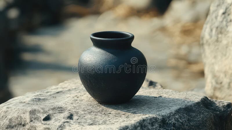 A Small Black Jar Positioned on a Stone Surface Stock Illustration ...