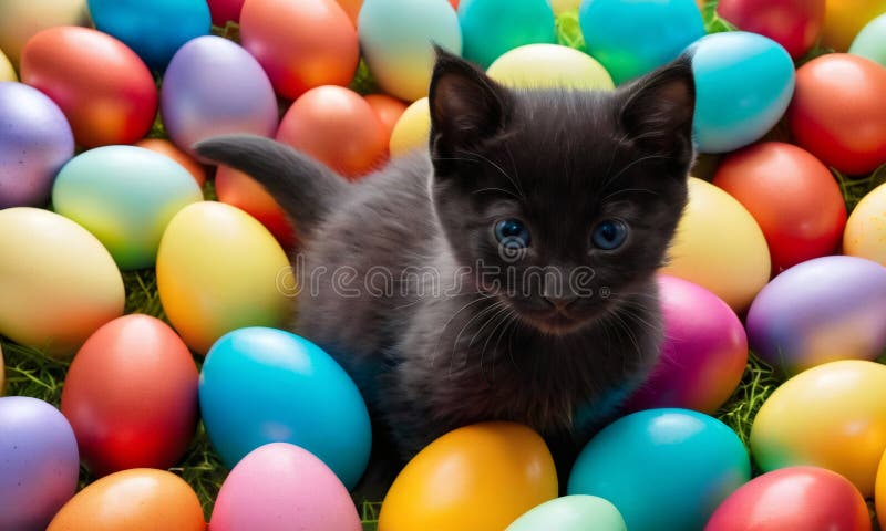 Small Black Kitten Sitting in Pile of Brightly Colored Easter Eggs ...