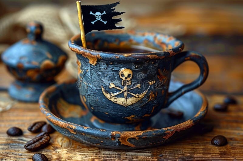 Small Black Pirate Ship in Coffee Cup on Wooden Table Stock ...