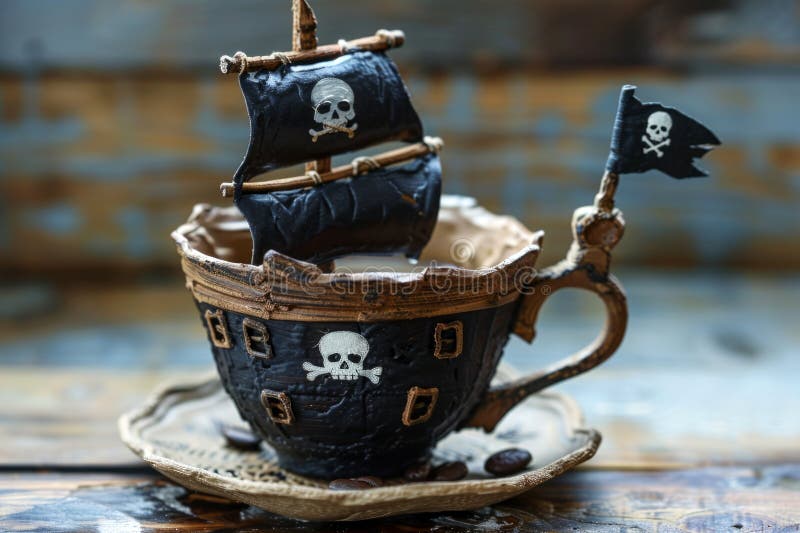 Small Black Pirate Ship in Coffee Cup on Wooden Table Stock ...