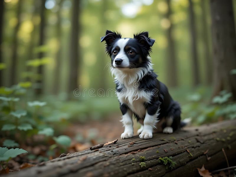 Small Black and White Dog on a Log in the Forest Stock Photo - Image of ...