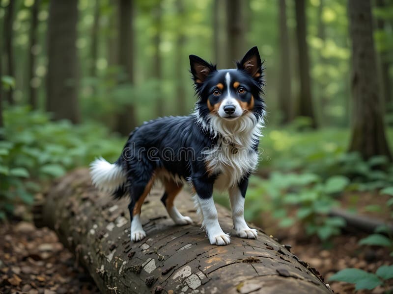 Small Black and White Dog on a Log in the Forest Stock Image - Image of ...
