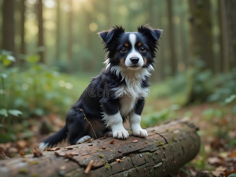 Small Black and White Dog on a Log in the Forest Stock Photo - Image of ...