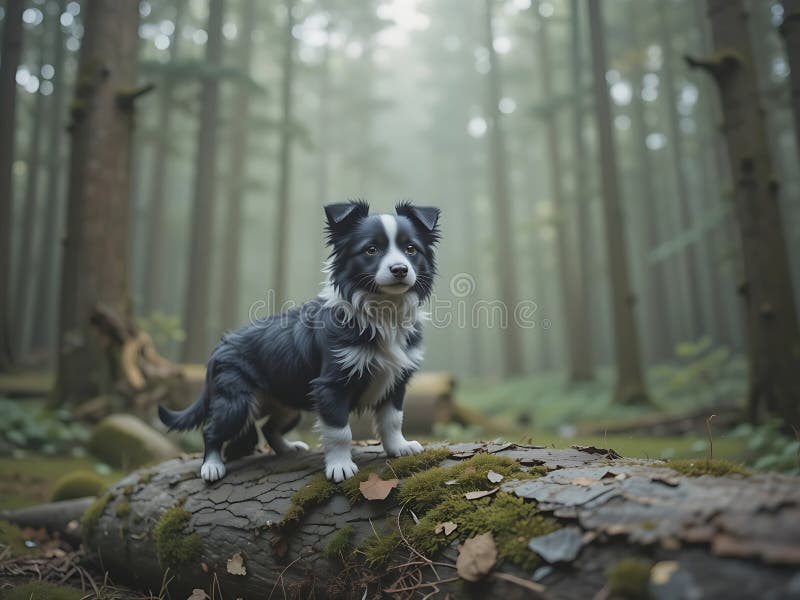 Small Black and White Dog on a Log in the Forest Stock Photo - Image of ...