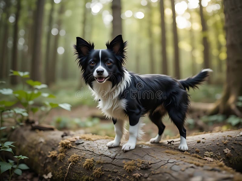 Small Black and White Dog on a Log in the Forest Stock Photo - Image of ...