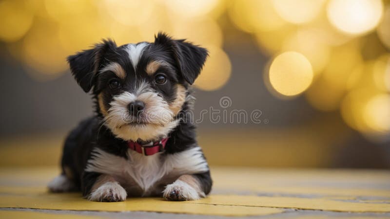 Small Black and White Dog on Yellow Surface. Stock Photo - Image of ...