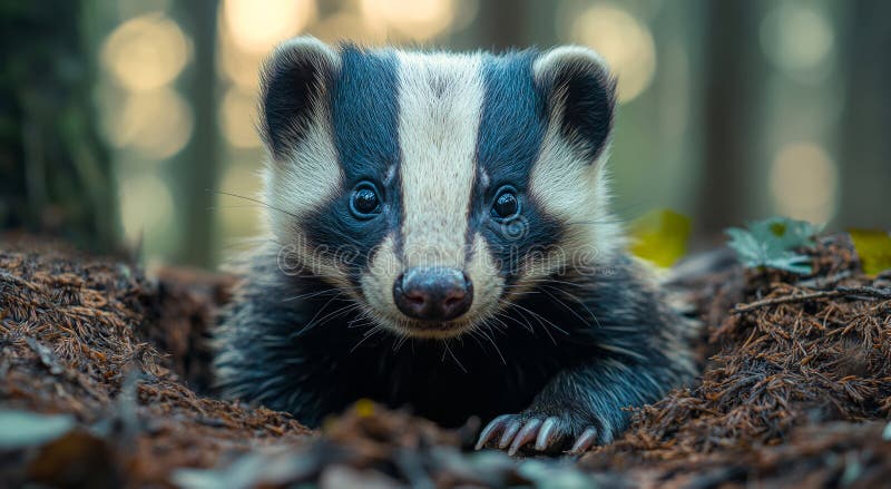 A Small Black and White Striped Badger is Looking at the Camera Stock ...