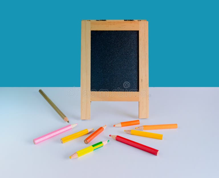 Small Blank Chockboard and Color Pencil Stock Photo - Image of table ...