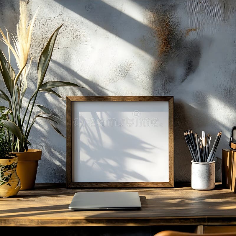 Single Small Square Photo Frame Closeup on Desk Scandi Interrior Stock ...