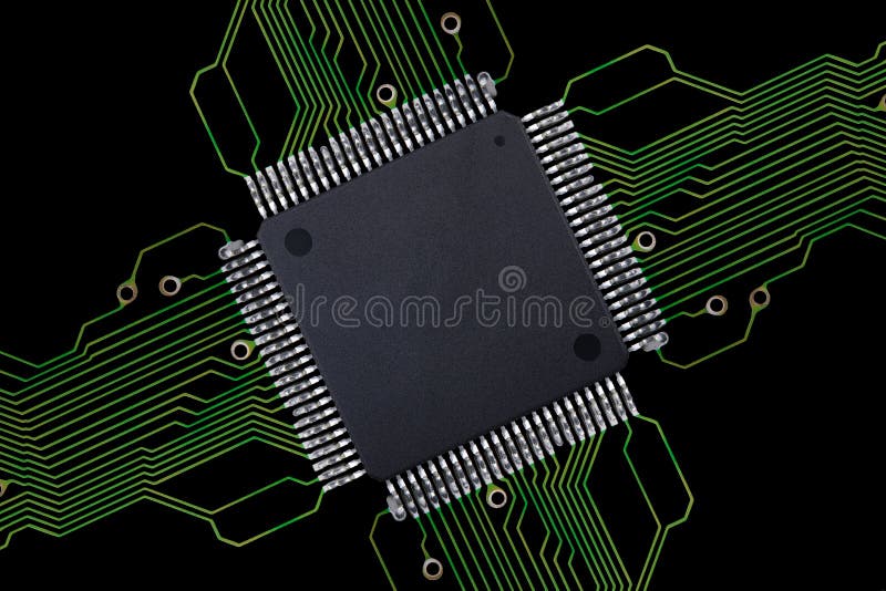 Small Blank Integrated Circuit with Connections on Black Background ...