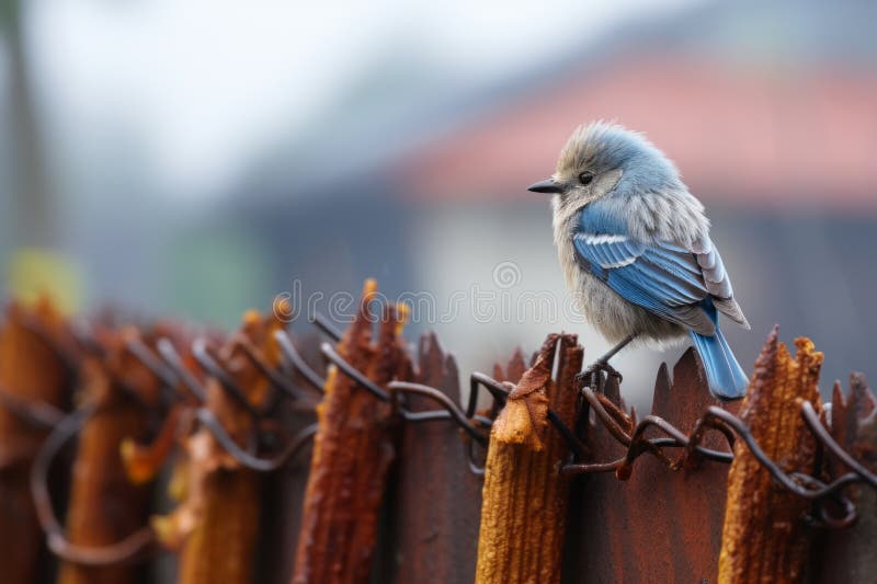 A Small Blue Bird Perched on a Barbed Wire Fence Stock Illustration ...