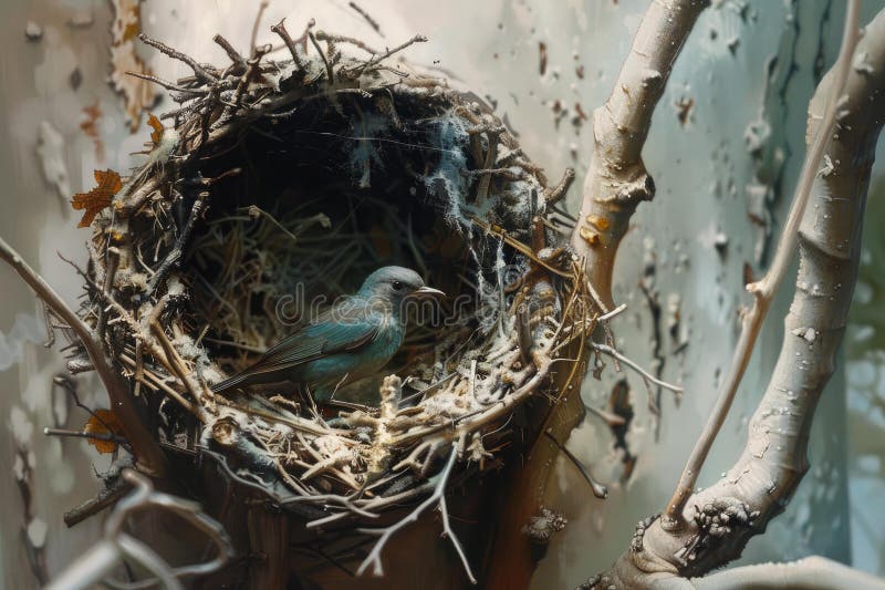 Small Blue Bird Resting in Its Nest Built with Twigs and Feathers Stock ...