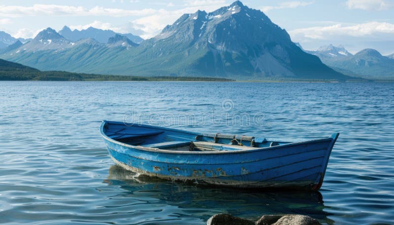 A Small Blue Boat is Floating in the Middle of the Water with Mountains ...