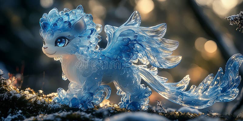 A Small Blue Crystal Mythical Creature with Wings Stands on a Mossy ...