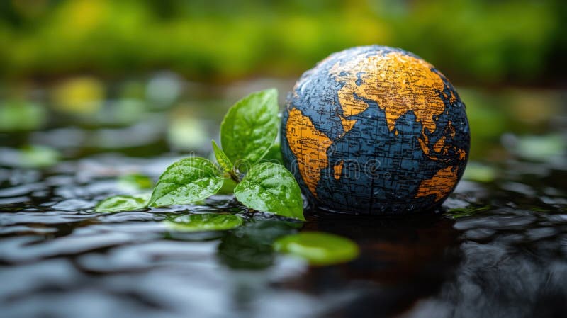 Small Blue and Gold Globe with Green Leaves in Water Stock Photo ...