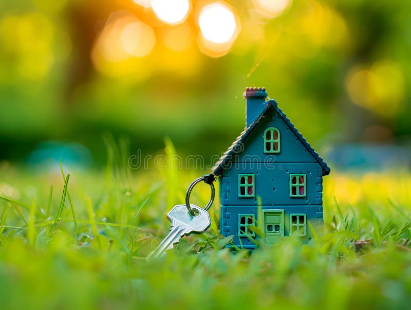 A Small Blue House with Keys in the Grass Stock Image - Image of field ...