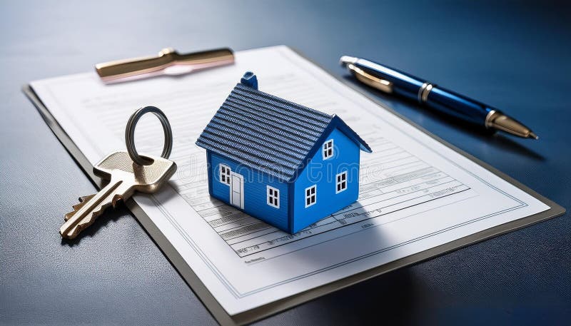Small Blue House Model with Keys on a Document Stock Illustration ...