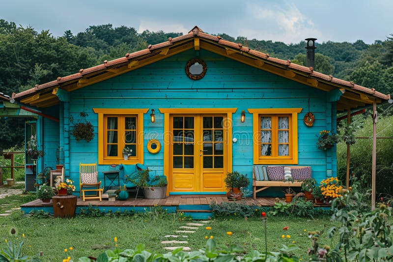 A Small Blue House with Yellow Trim Stock Image - Image of color, chair ...