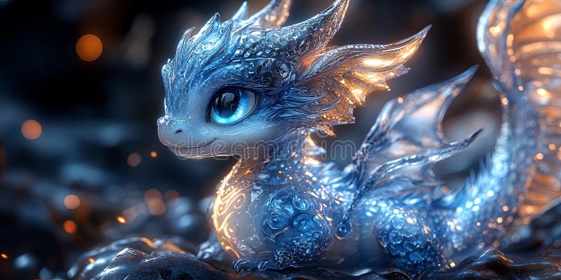 A Small, Blue, Ice Dragon with Glowing Scales and Large, Blue Eyes Sits ...