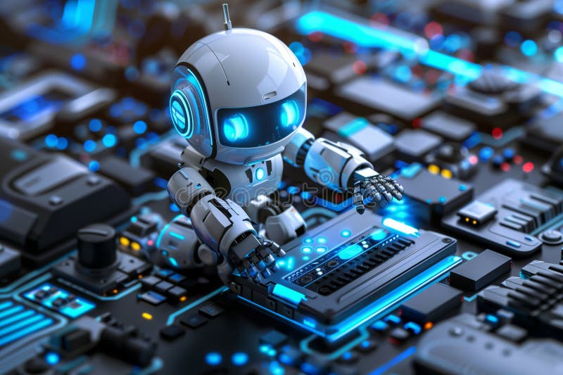 Blue Robot Working on Electronic Motherboard Stock Photo - Image of ...