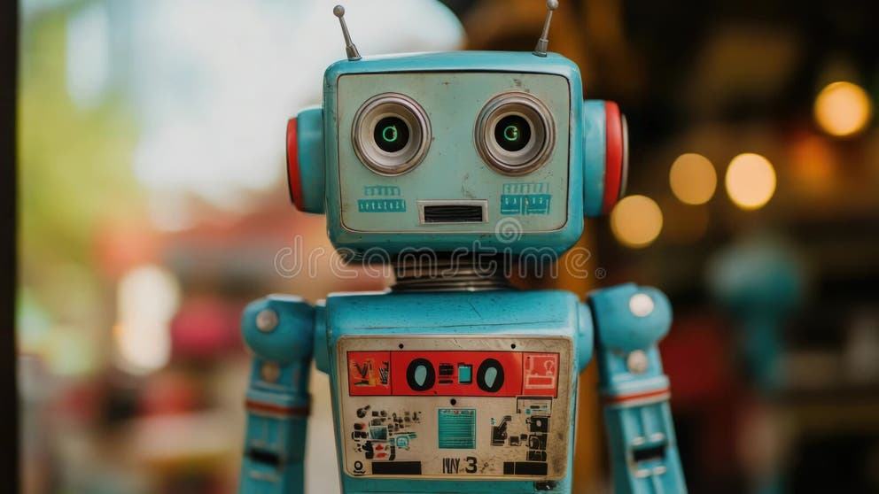 A Small Blue Robot Toy with a Clock on Its Face, Great for ...