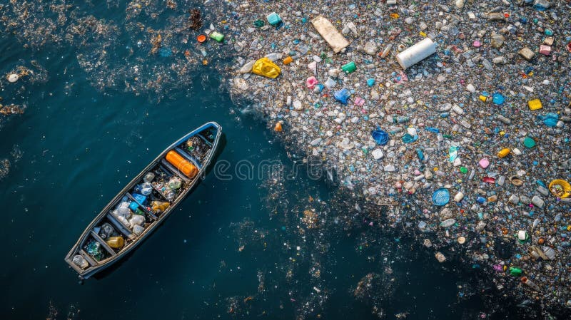 Small Boat Adrift in a Sea of Plastic Pollution Stock Illustration ...