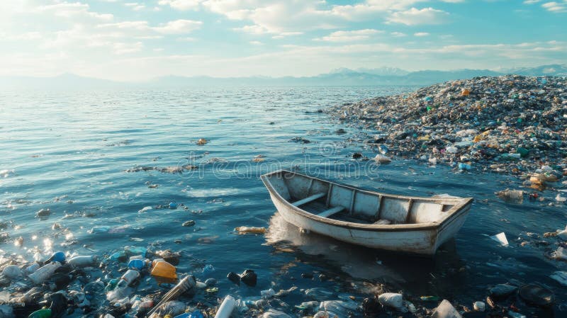 A Small Boat Amidst a Sea of Plastic Waste Stock Illustration ...