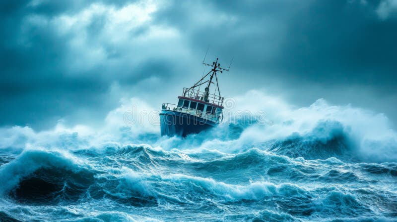 A Small Boat Battling Rough Seas during a Storm Stock Illustration ...