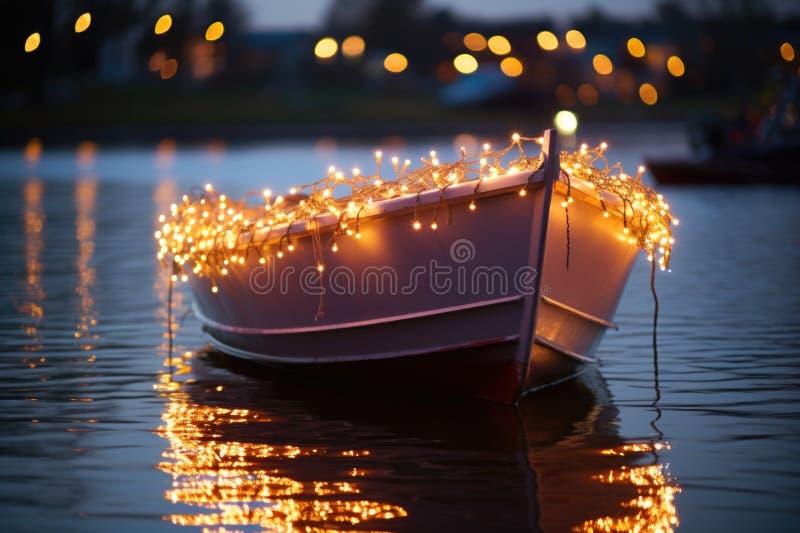A Small Boat Decorated with Fairy Lights Stock Photo - Image of festive ...
