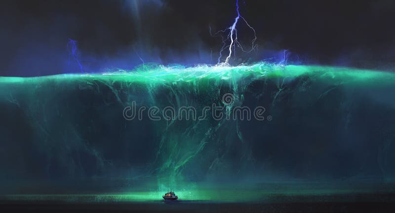 Small Boat Facing Huge Ocean Waves, Fantasy Illustration Stock Image ...