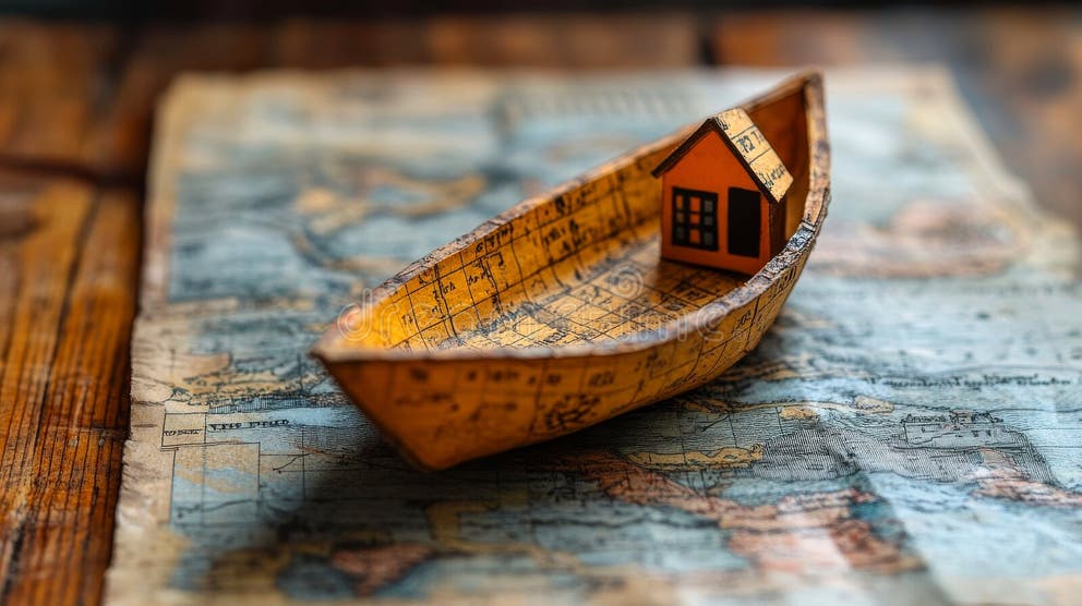 A Small Boat is Floating on a Map of the World Stock Photo - Image of ...