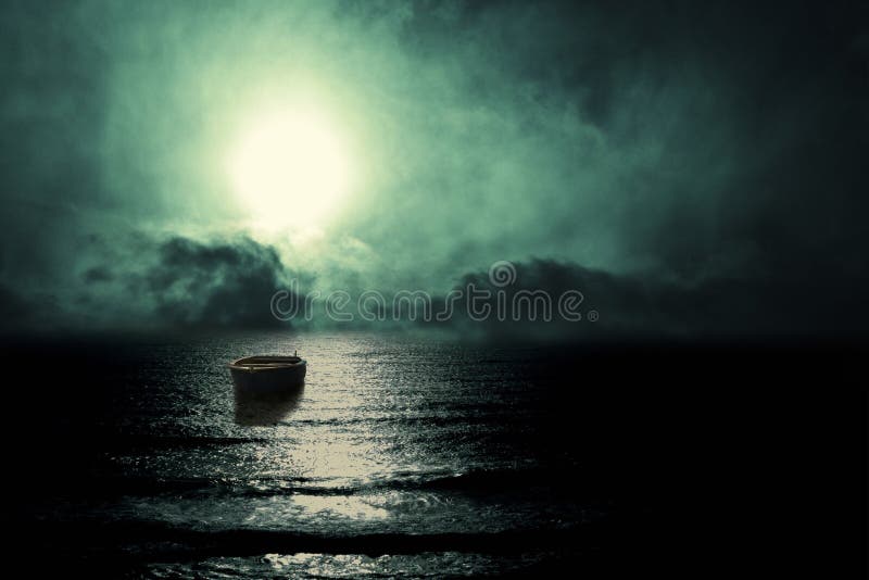 Small Boat Floating in the Ocean with a Glowing Moon in the Background ...