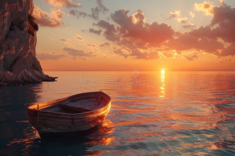 A Small Boat is Floating in the Ocean at Sunset Stock Image - Image of ...