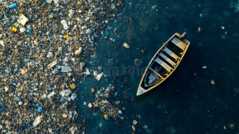 A Small Boat Floating in a Sea of Plastic Pollution Stock Illustration ...