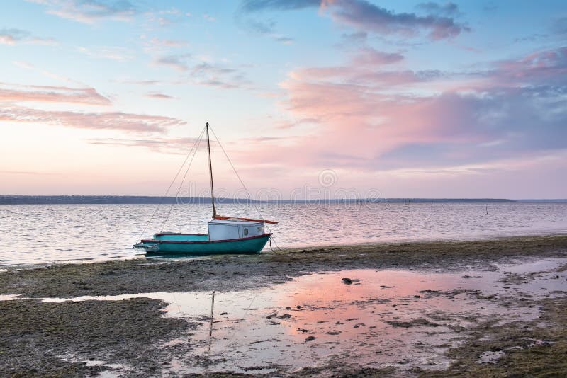 Small Boat on the Lake at Sunset, Dawn. Stock Image - Image of tender ...